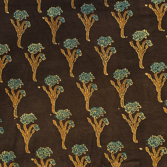 Pure Cotton Gad Ajrak Brown With Blue Flower Motif Hand Block Print Fa – Sanskruti