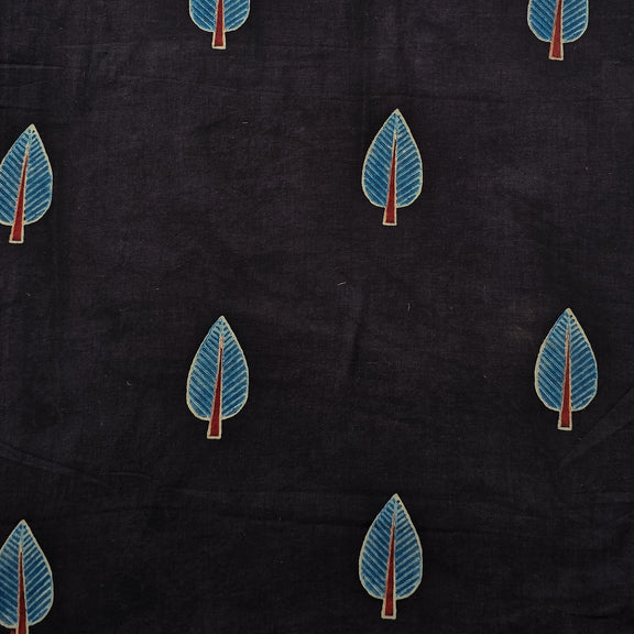 (PRE-CUT 1.10 METER) Pure Cotton Gad Ajrak Black With Blue Leaf Motif – Sanskruti