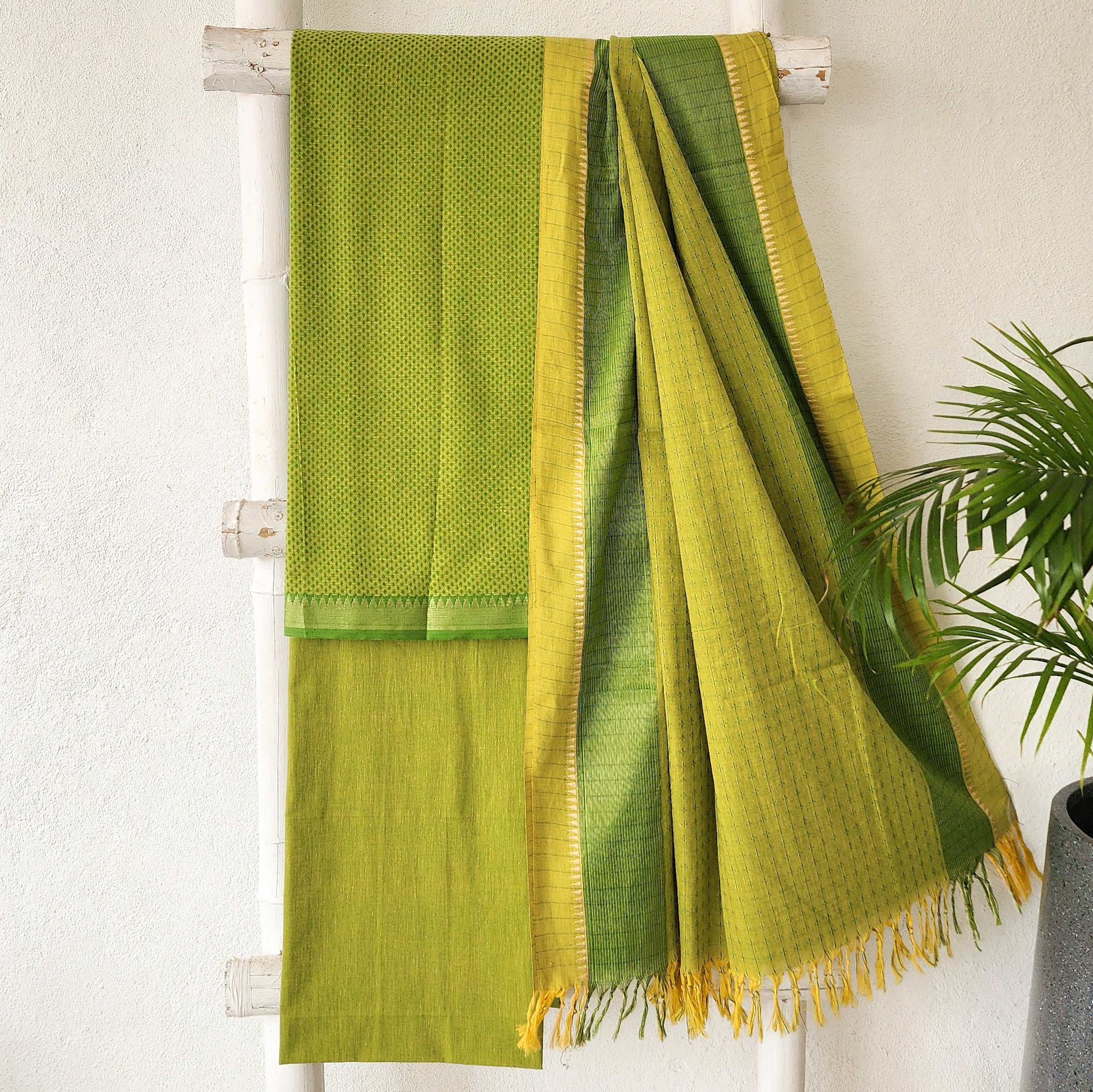 MEGHA -Pure Cotton Handloom Yellow Green Shades Suit – Sanskruti