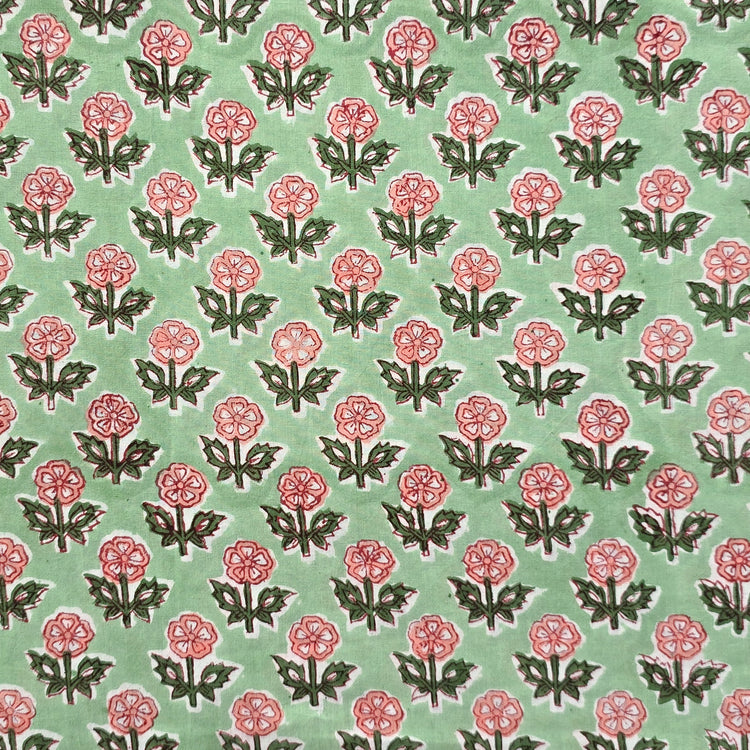 (PRE-CUT 1.30 METER) Pure Cotton Jipuri Green With Peach Flower Motif – Sanskruti