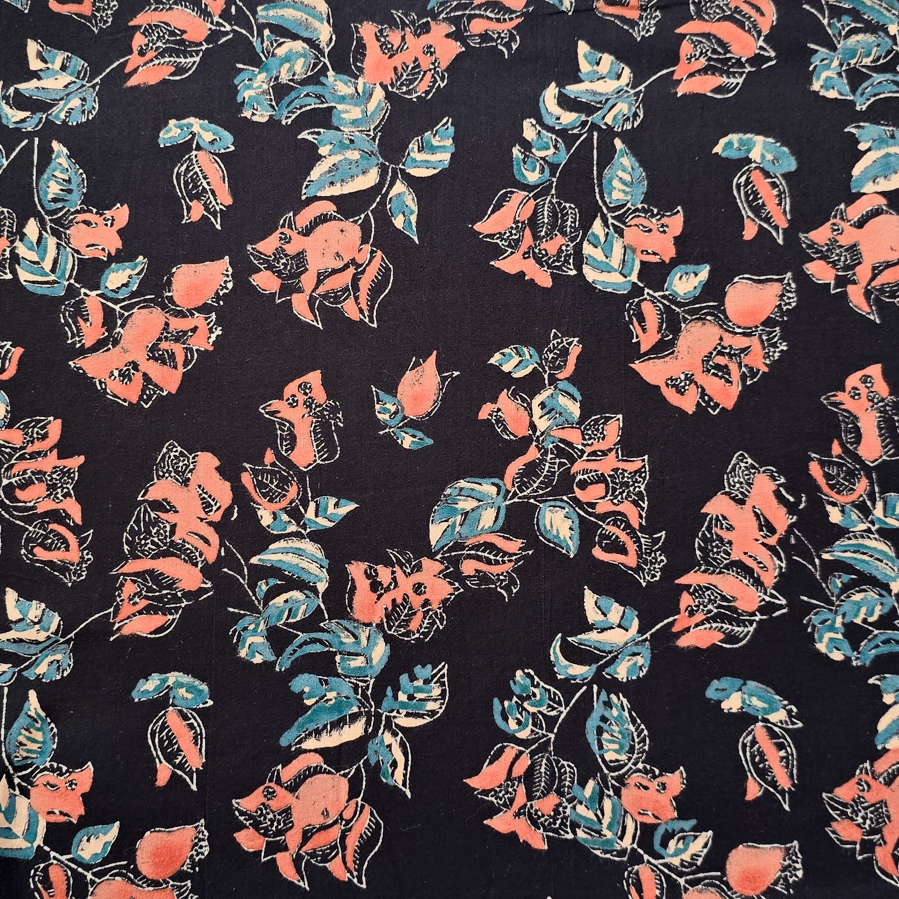 Pure Cotton Discharge Black With Orange Flower Plants With Green Leave ...