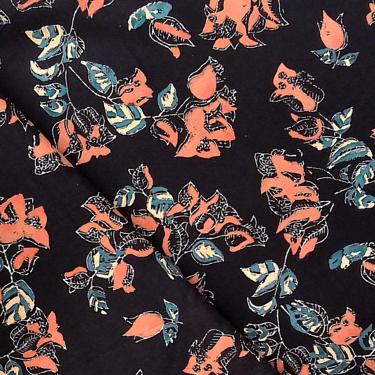 Pure Cotton Discharge Black With Orange Flower Plants With Green Leave ...