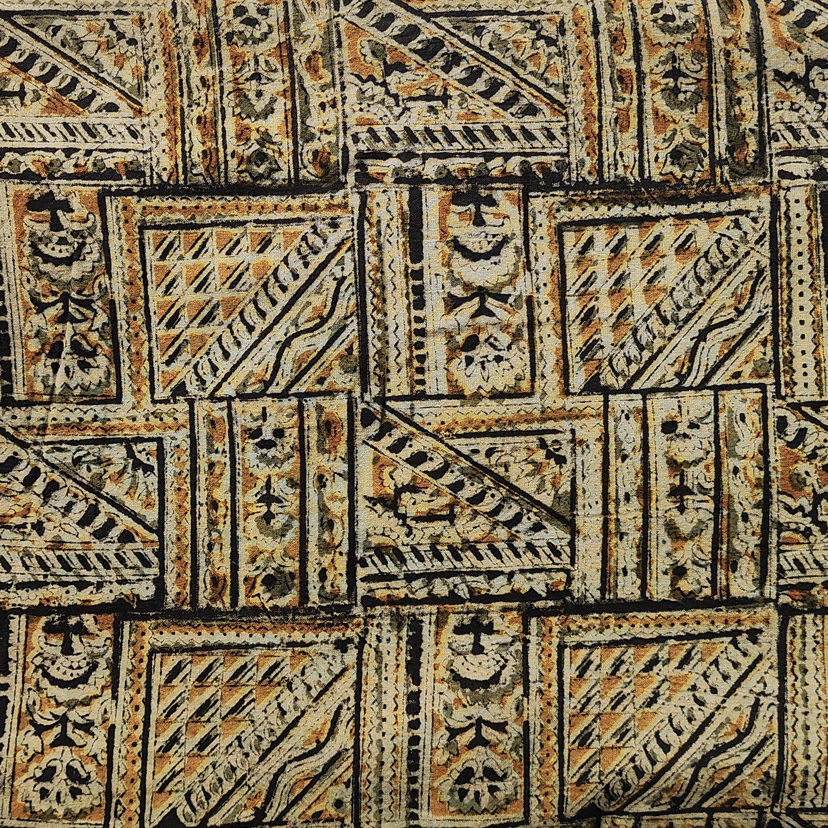 (PRE-CUT 1.75 METER) Pure Cotton Kalamkari Mustard With Tribal Tiles H ...