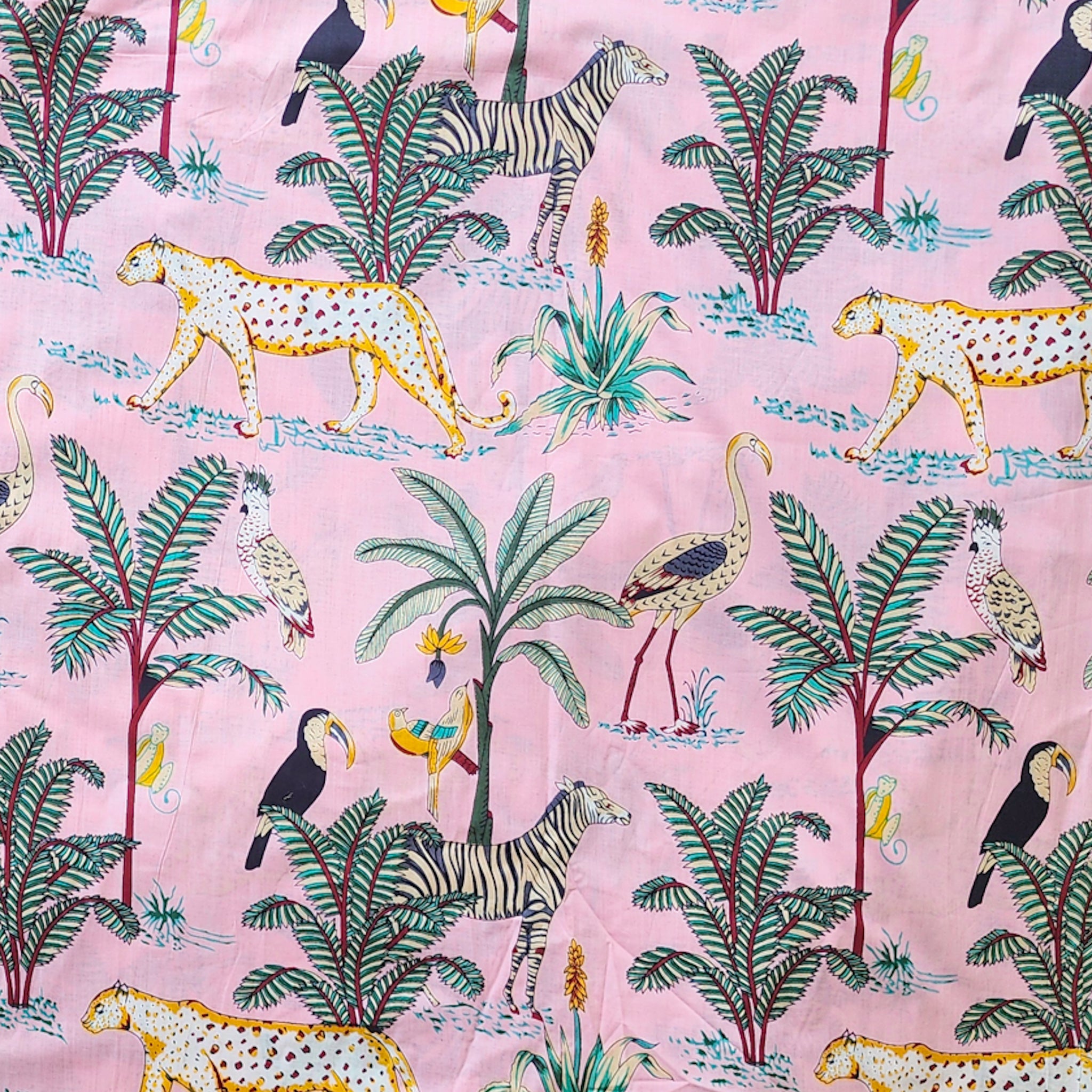 Pure Cotton Screen Print Light Pink Jungle And Animals Fabric – Sanskruti