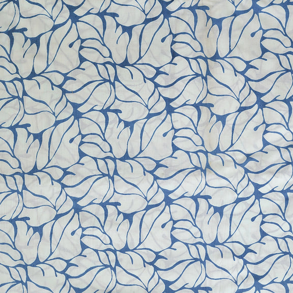 Pure Cotton Screen Print White With Blue Leaves Overlapping Fabric ...