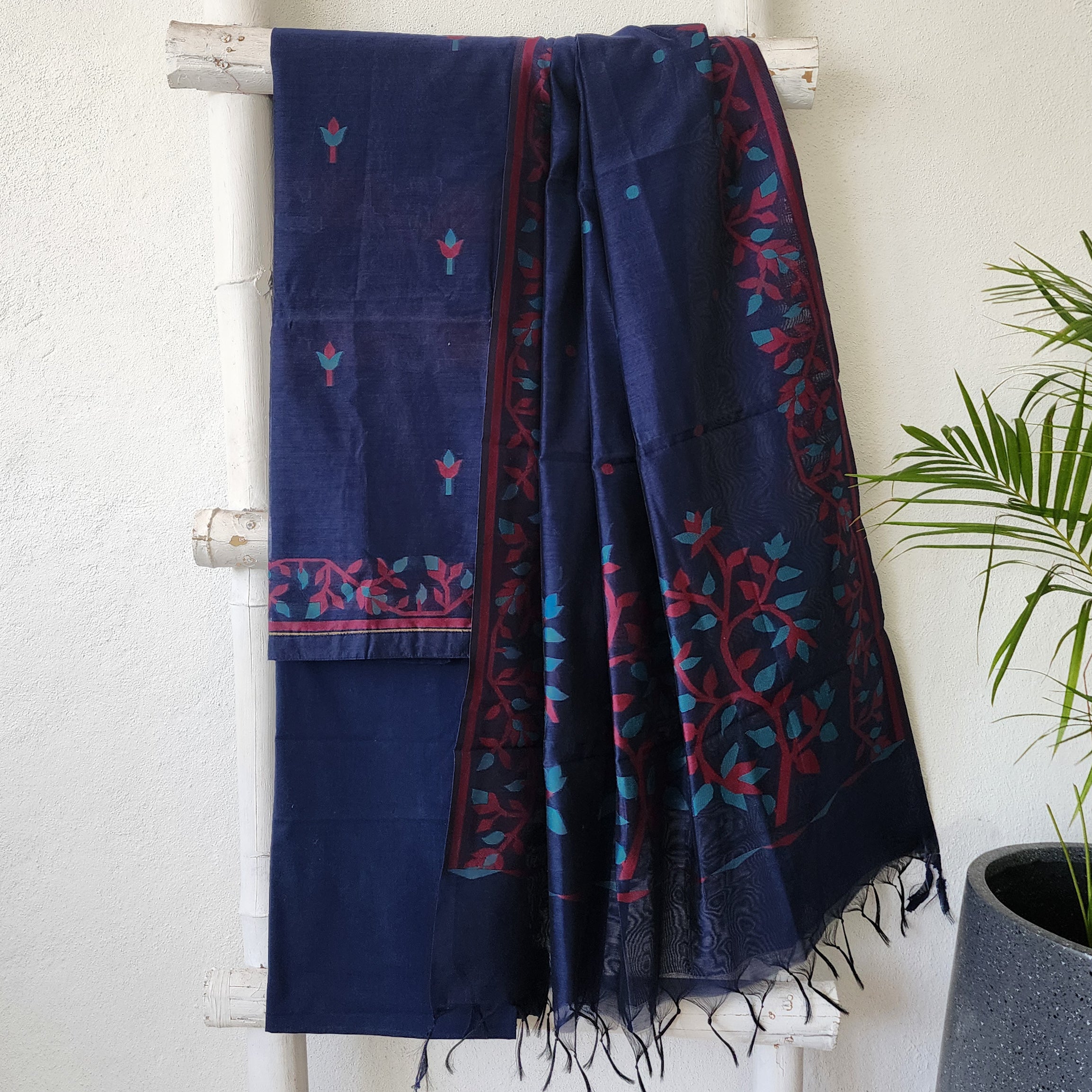 JEEVA-Jamdani Navy Blue With Floral Design Top And Dupatta Suit – Sanskruti