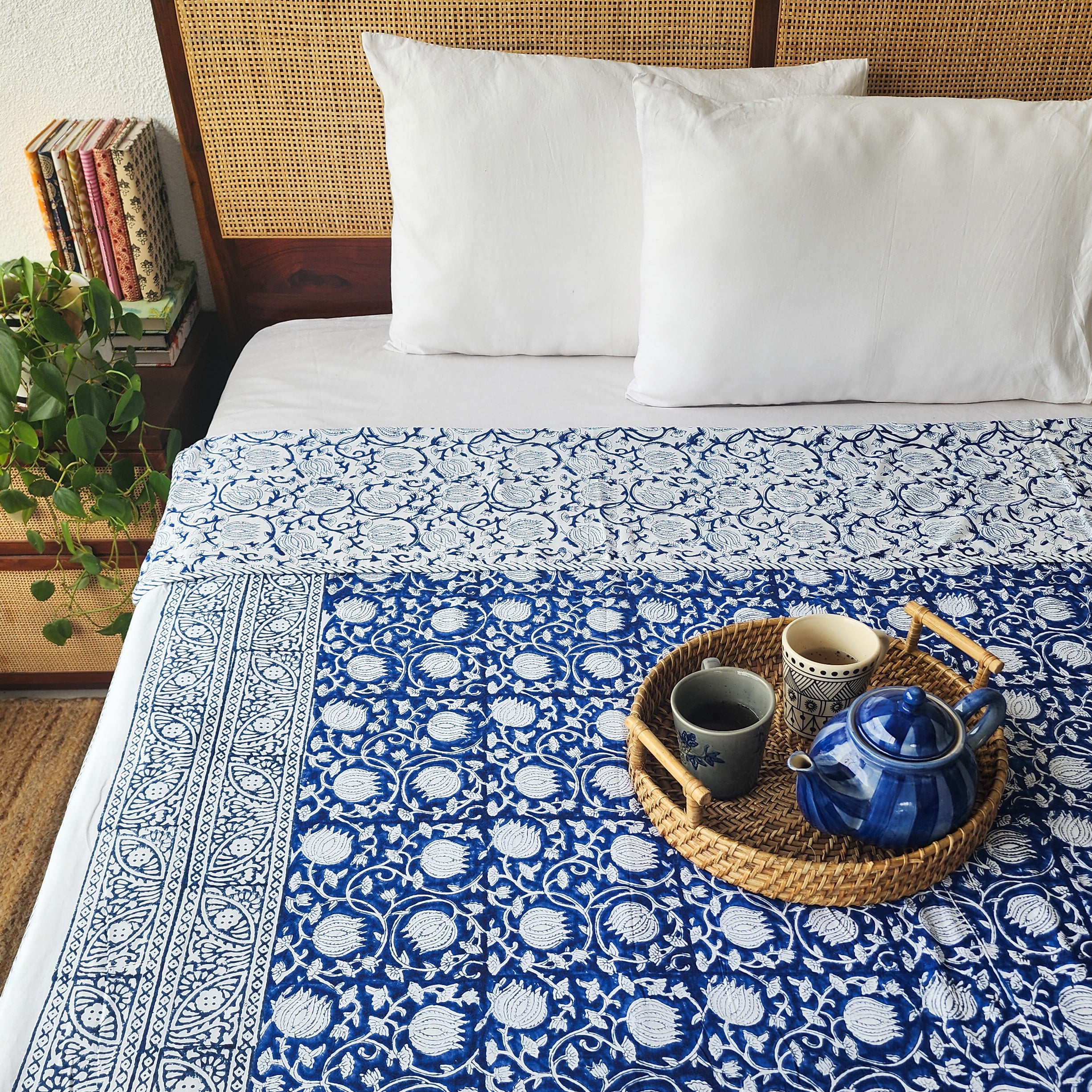 Lotus Morning - Pure Mul Cotton Hand Block Printed Reversible Dohar Bl ...