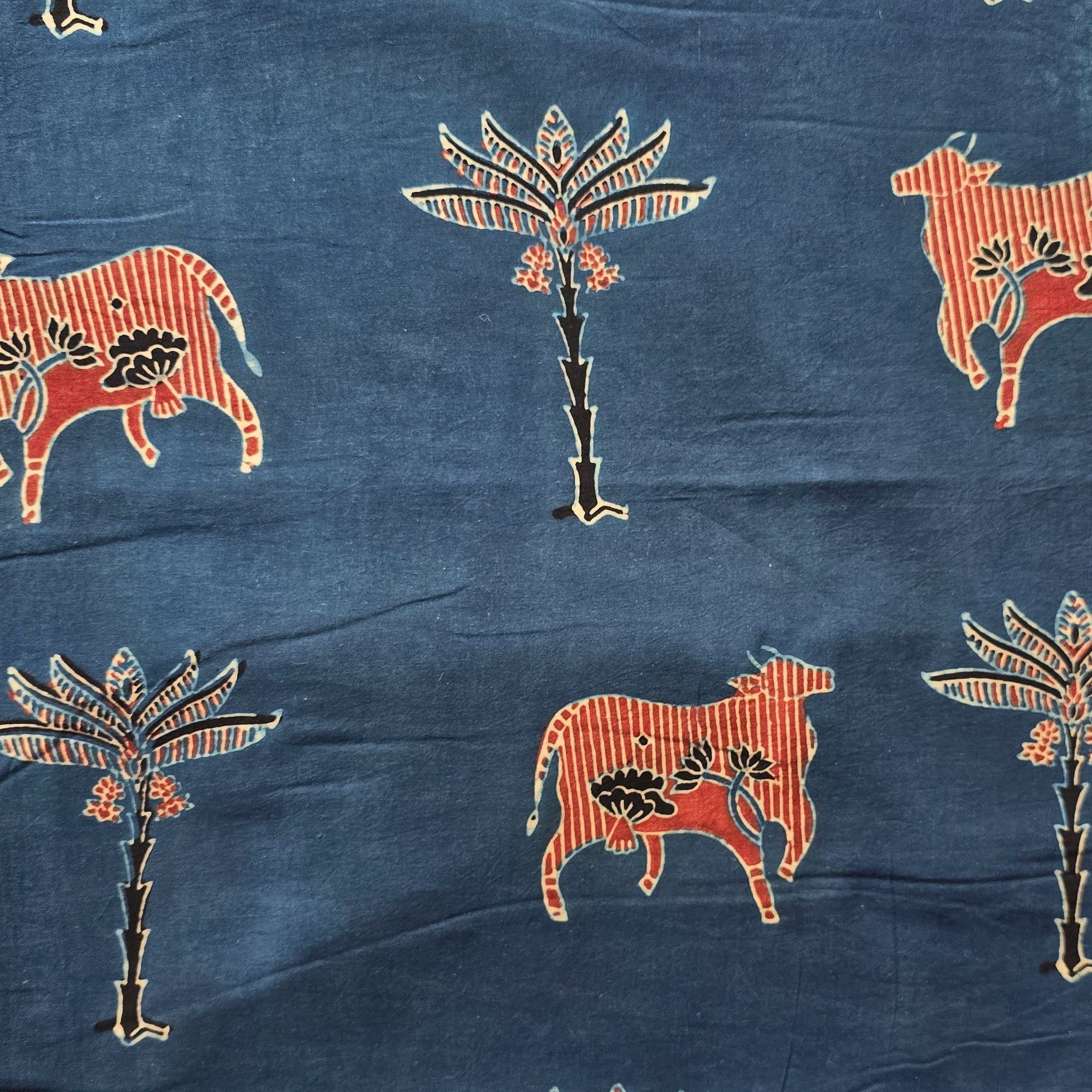 ( Pre-Cut 1.20 Meter)Pure Cotton Ajrak Blue With Rust Red Cow And Tree – Sanskruti