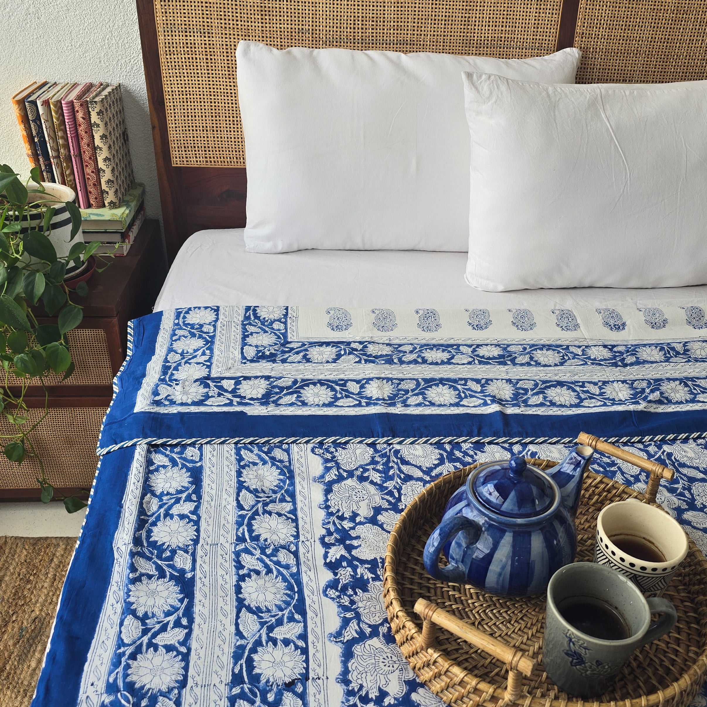 Lotus Morning -Pure Mul Cotton Hand Block Printed Reversible Dohar Bla ...