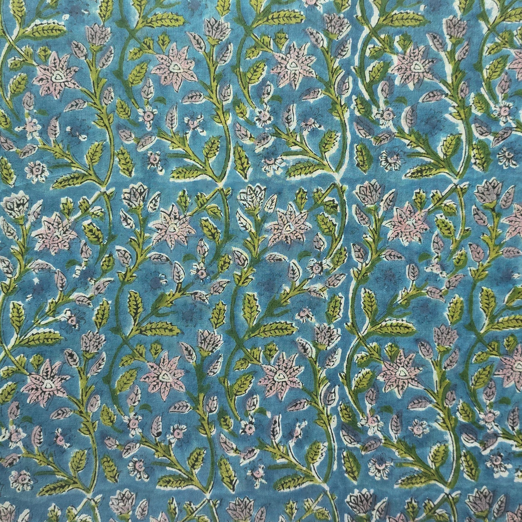 Pure Mul Cotton Jaipuri Light Blue With Light Pink Flower Jaal Hand Bl ...