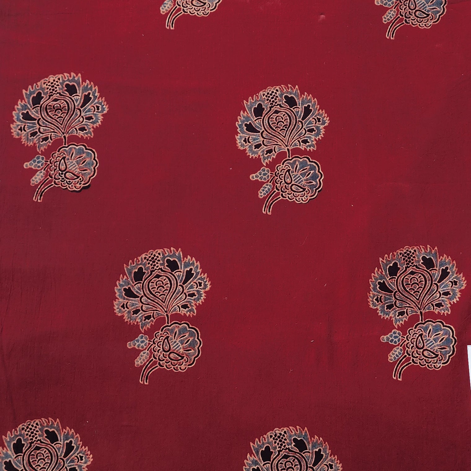 Pure Cotton Gad Ajrak Maroon With Rust Blue Flower Plant Motif Hand Bl ...