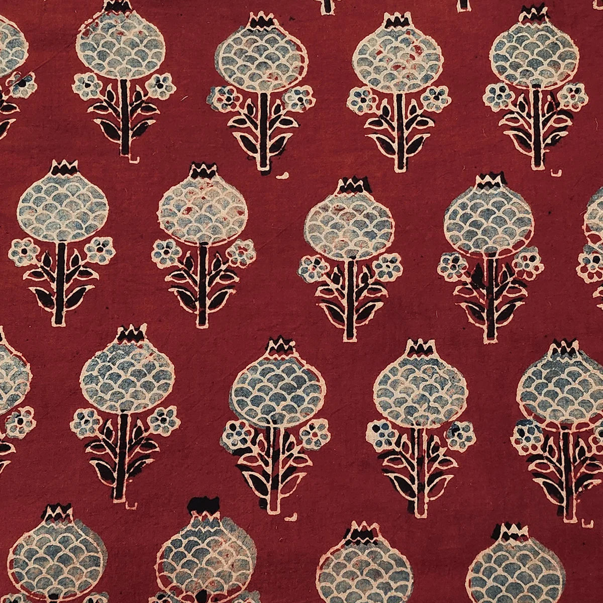 (Pre-Cut 1 Meter) Pure Cotton Ajrak Maroon With Rust Blue Flower Motif ...