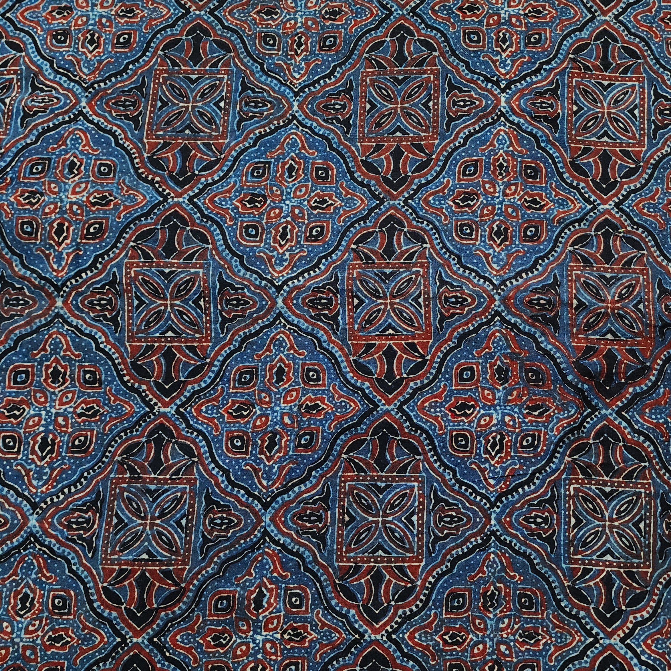 Pure Cotton Ajrak Blue with Maroon And Black Intricate Design Hand Blo ...