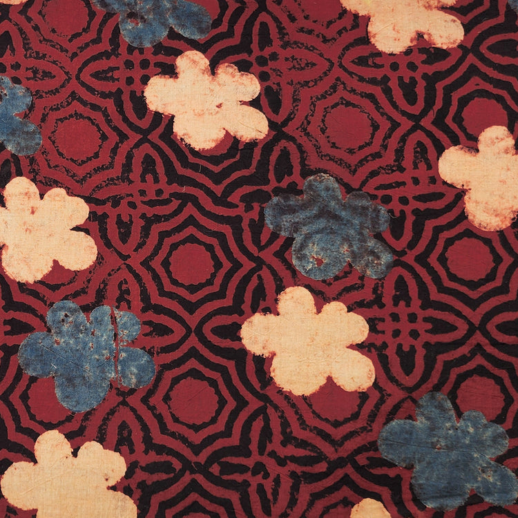 ( Pre-Cut 0.90 Meter )Pure Cotton Ajrak Rust Red With Blue Flowers And – Sanskruti