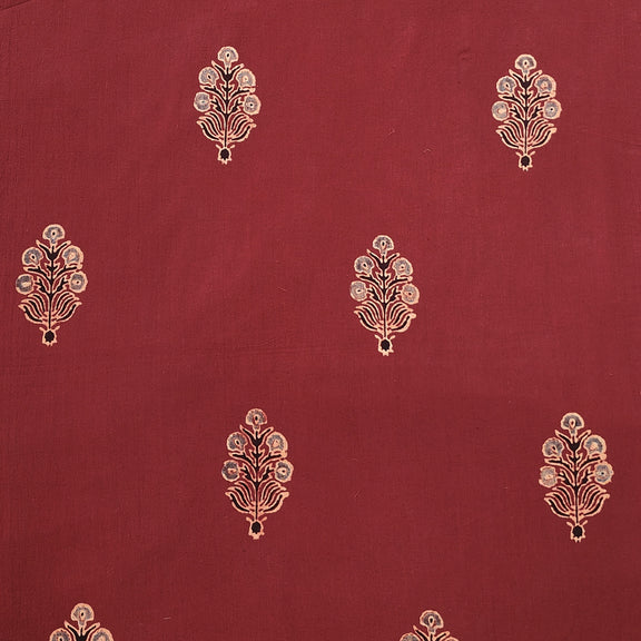 (PRE-CUT 2 METER) Pure Cotton Gad Ajrak Maroon With Rust Blue Plant Mo – Sanskruti