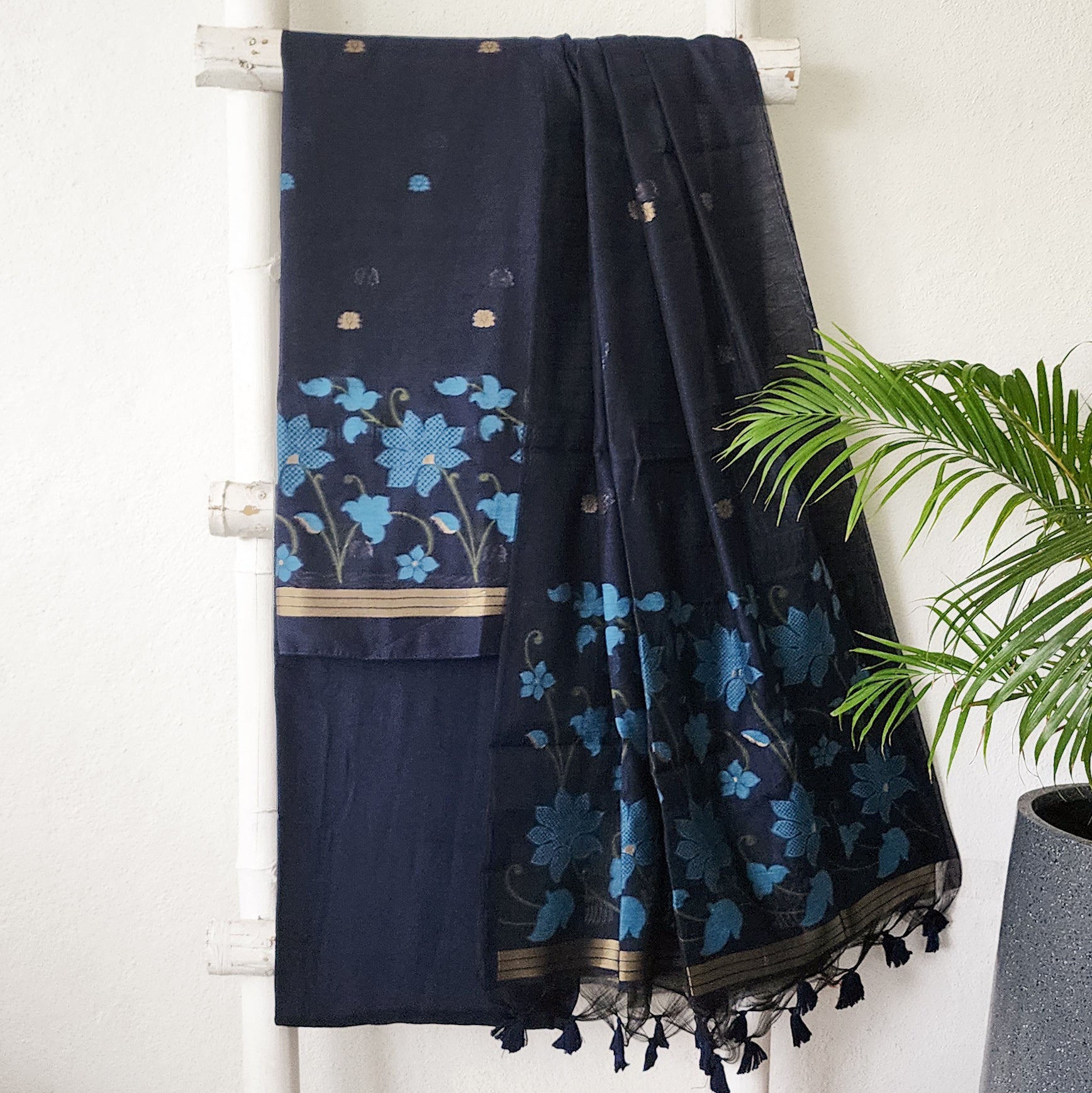 PAVITRA -Jamdani Navy Blue With Floral Design Top And Dupatta Suit ...