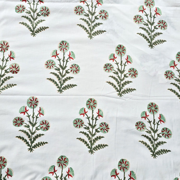 (PRE-CUT 0.90 METER) Pure Cotton Jaipuri White And Green Big Flower Pl – Sanskruti