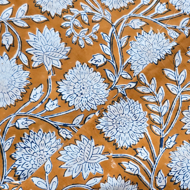 Pure Cotton Jaipuri Ochre With White Flower Jaal Hand Block Print Fabr ...