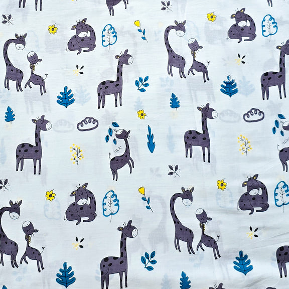 Pure Cotton White With Grey Giraffe Motif Screen Print Fabric – Sanskruti
