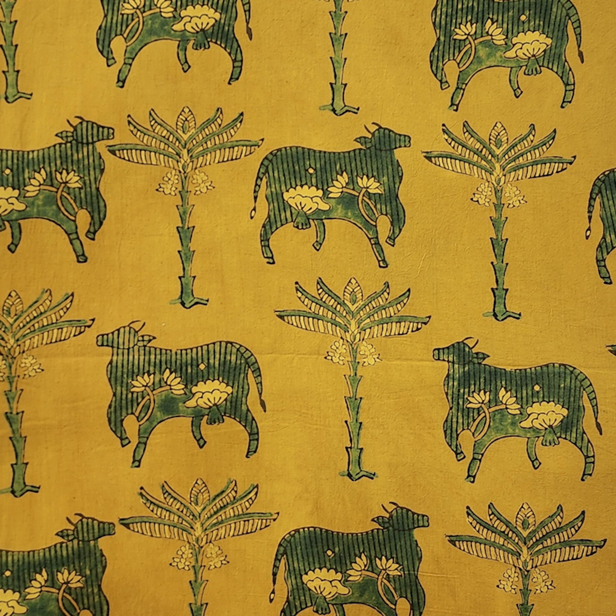 (PRE-CUT 1.65 METER) Pure Cotton Gad Ajrak Yellow With Green Cow And T ...