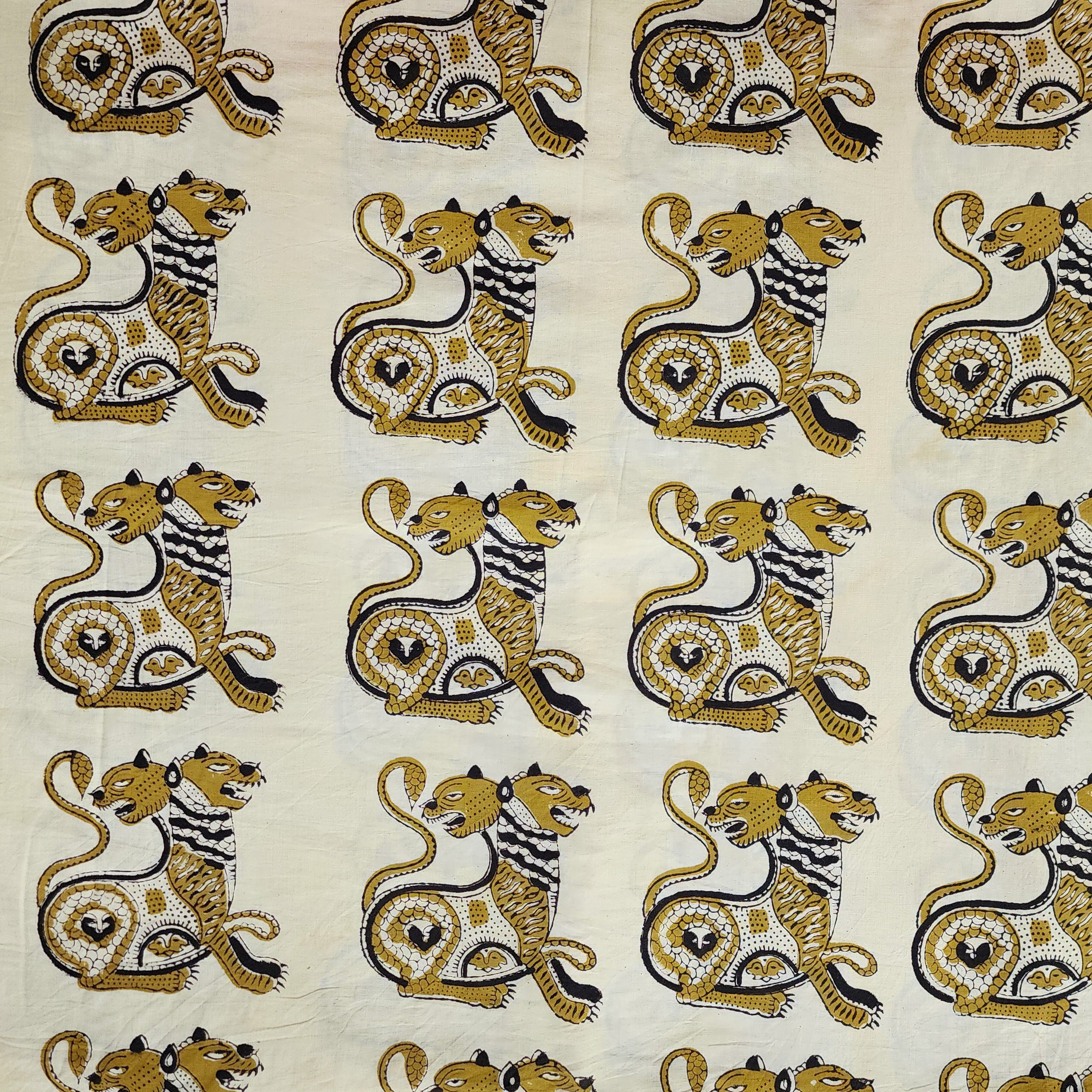 Pure Cotton Bagru Cream With Mustard Double Headed Motif Hand Block Pr ...