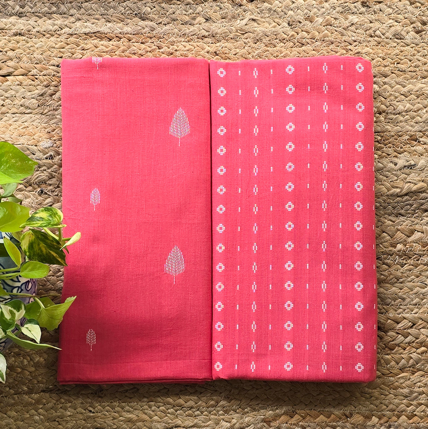 Top Bottom Combo Pure Cotton Handloom Peach With White Leaves Motifs W ...