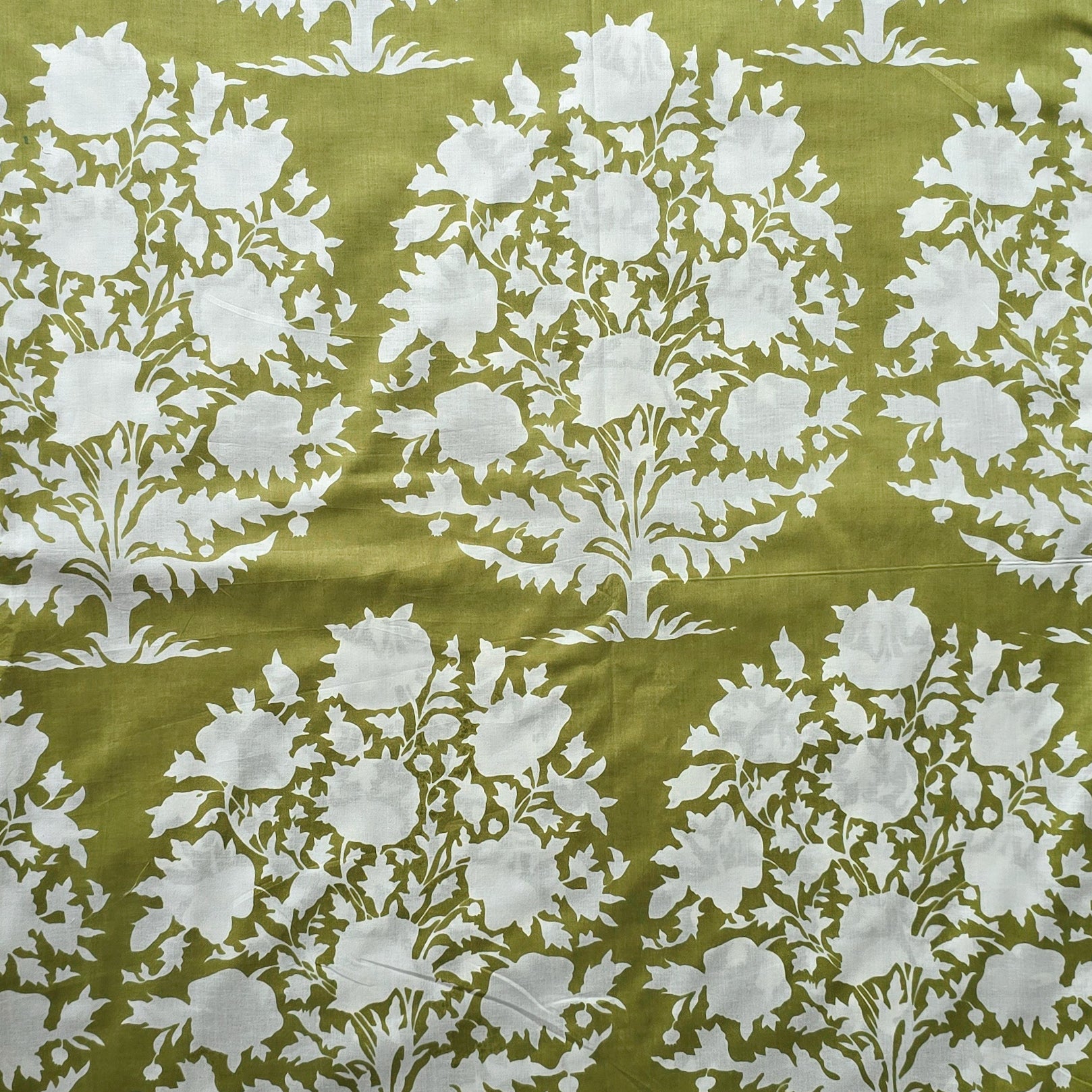 Pure Cotton Mehandi Green With White Plant Motif Screen Print Fabric ...