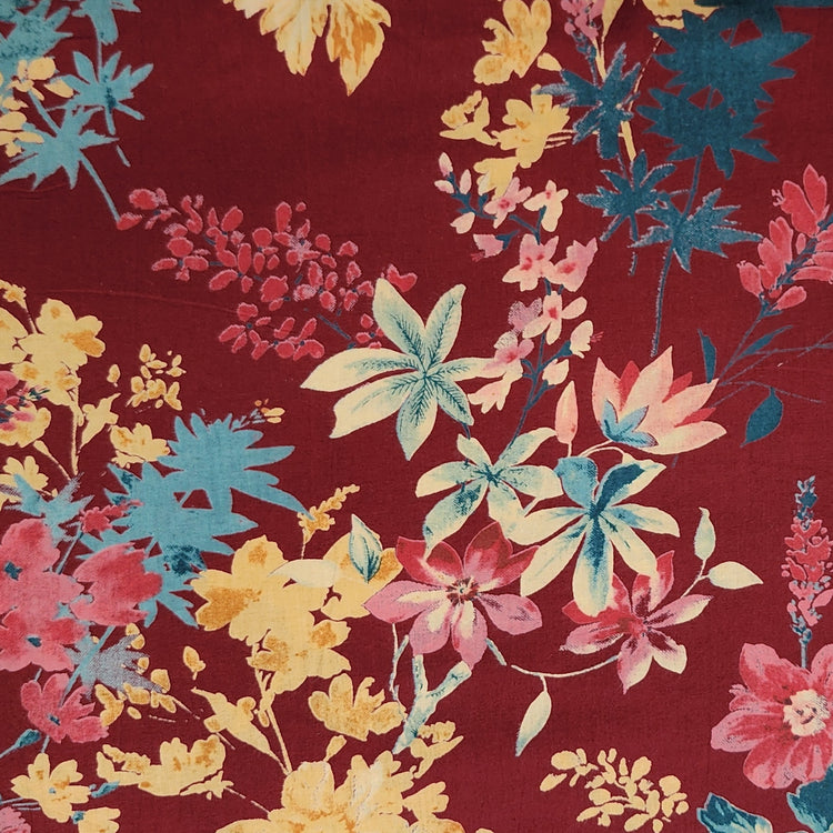 Pure Cotton Maroon With Floral Design Screen Print Fabric – Sanskruti