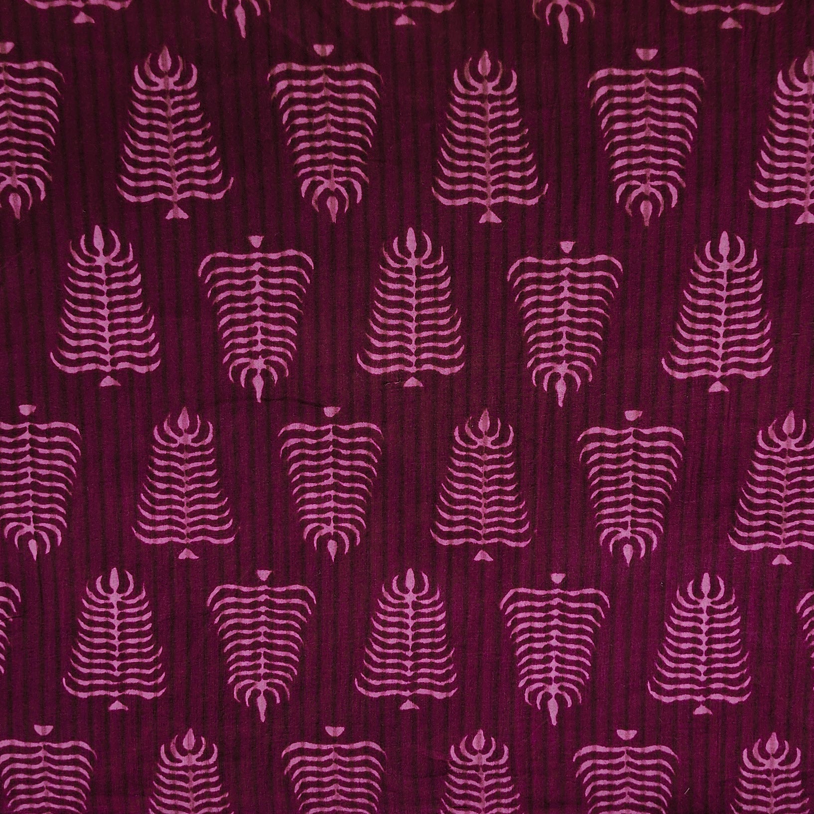 Pure Cotton Dark Magenta With Leaves Motif Screen Print Fabric – Sanskruti