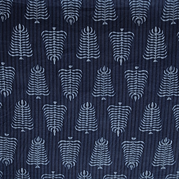 Pure Cotton Navy Blue With Leaves Motif Screen Print Fabric – Sanskruti