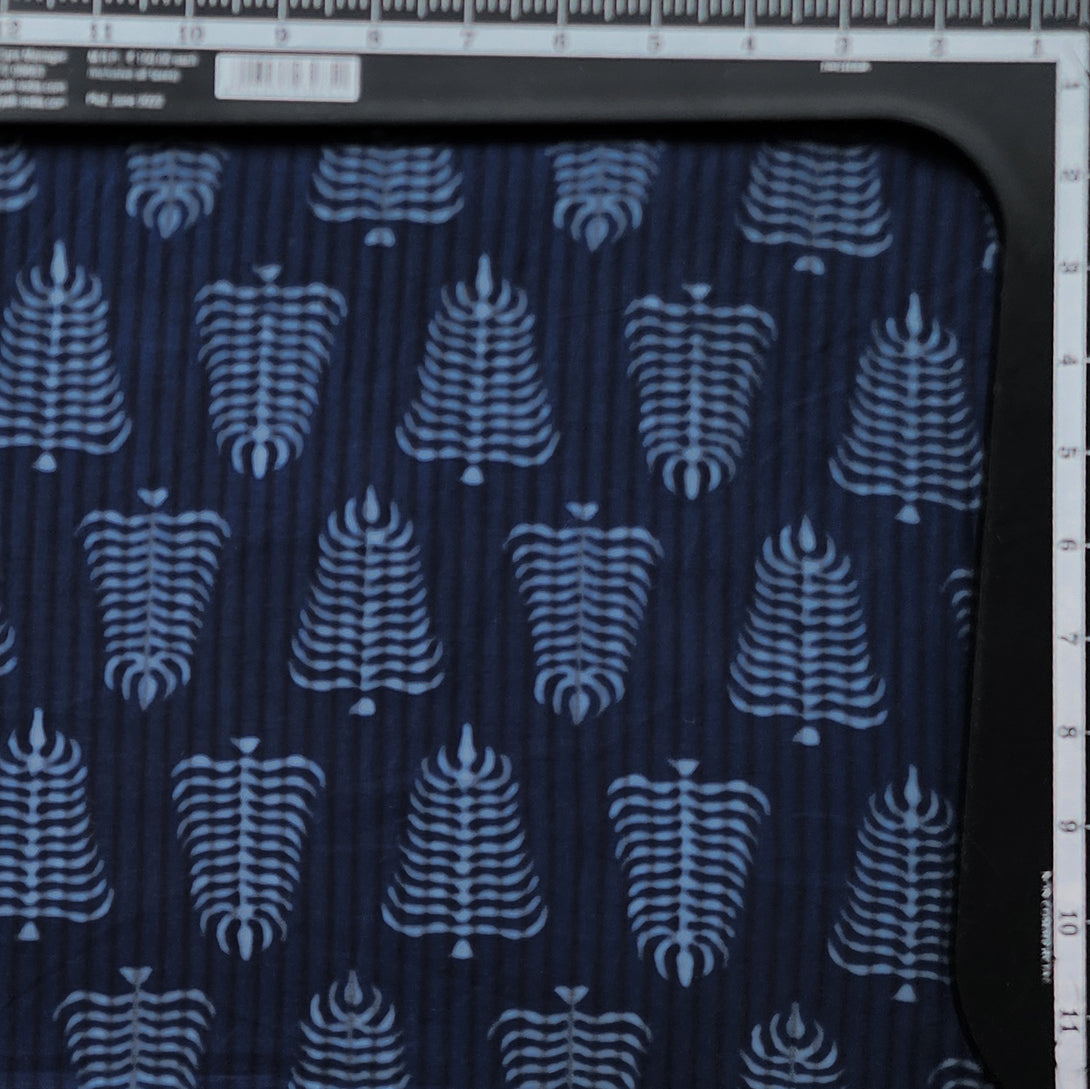 Pure Cotton Navy Blue With Leaves Motif Screen Print Fabric – Sanskruti