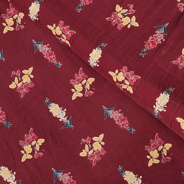 Pure Cotton Maroon With Flower Motif Screen Print Fabric – Sanskruti
