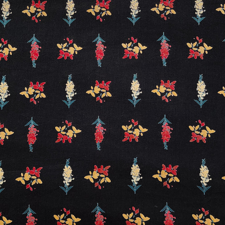 (PRE-CUT 1.90 METER) Pure Cotton Black With Flower Motif Screen Print ...