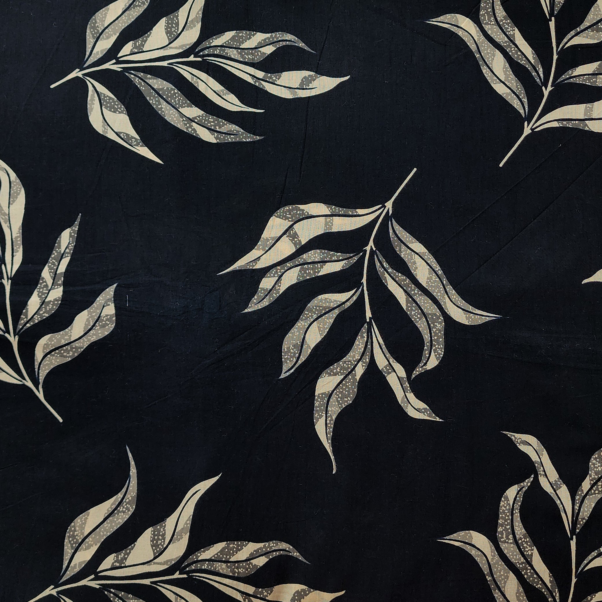 Pure Cotton Black With Leaves Motif Screen Print Fabric – Sanskruti