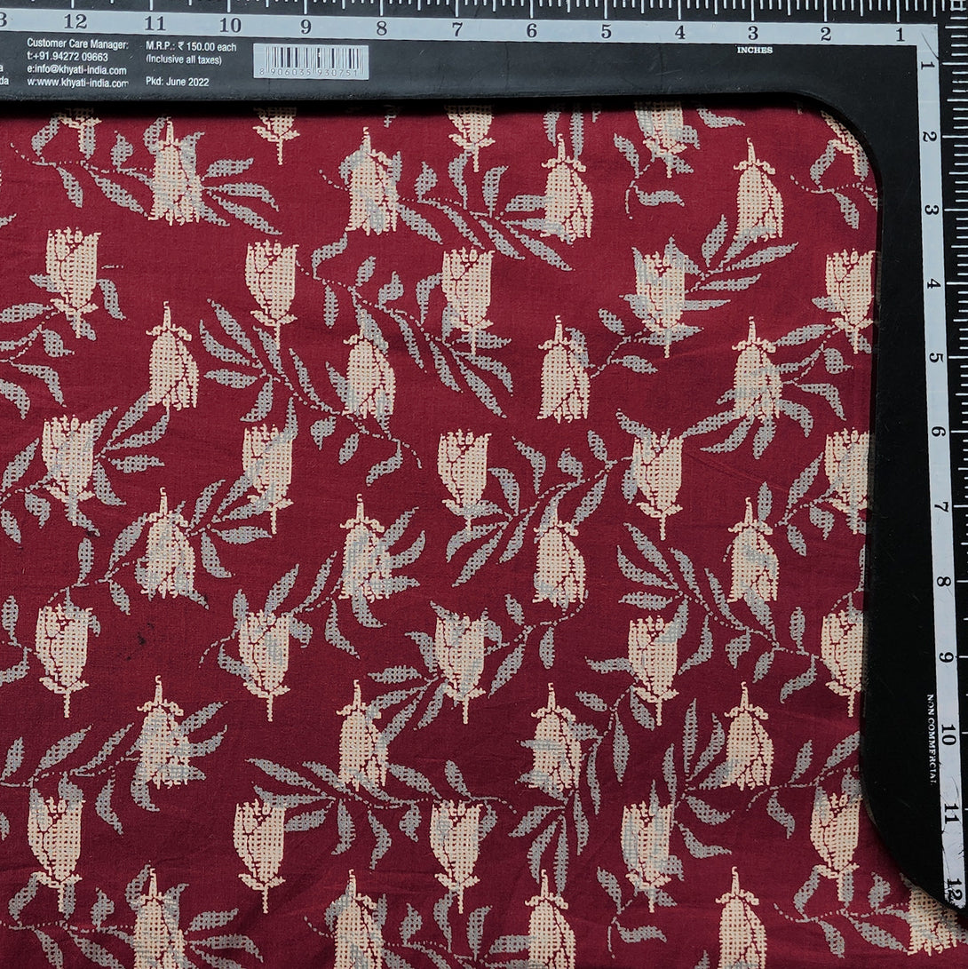 Pure Cotton Maroon With Floral Design Screen Print Fabric – Sanskruti