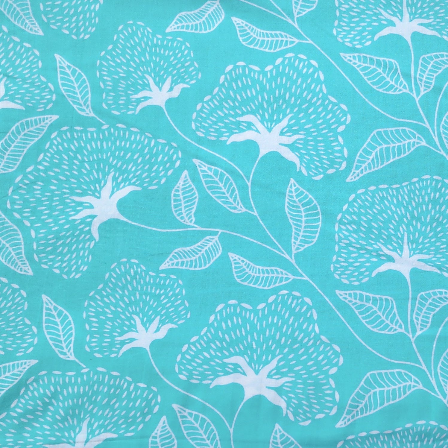 Pure Cotton Cyan Blue With White Flower Jaal Screen Print Fabric ...