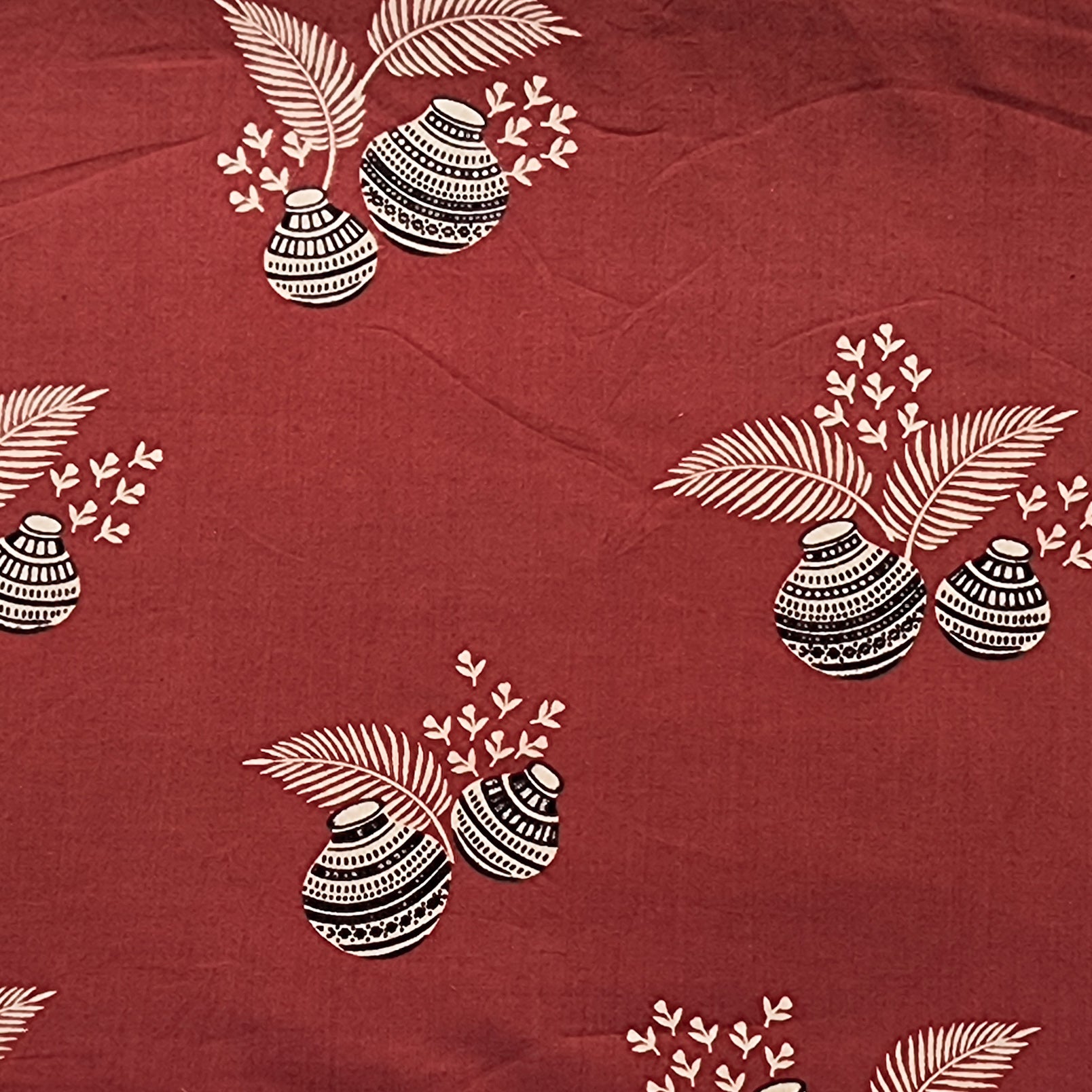 Pure Cotton Maroon With Beautiful Matka Motif Screen Print Fabric ...