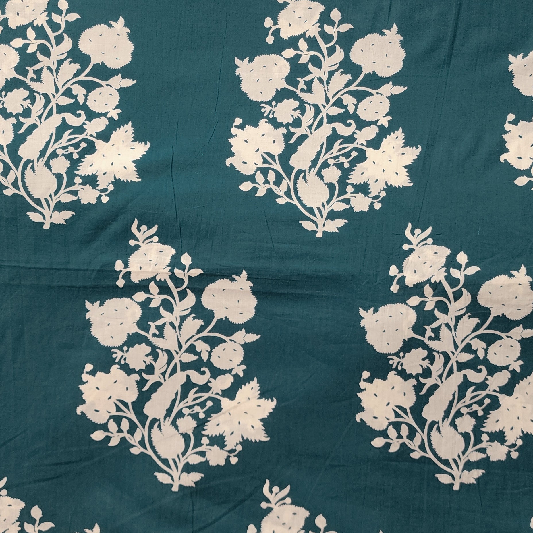Pure Cotton Teal With White Flower Plant Motif Screen Print Fabric ...