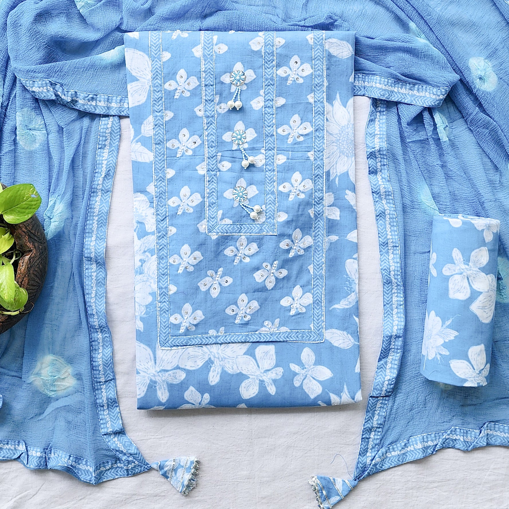 PARU -Pure Cotton Sky Blue And White With Sequence Work Yoke Suit ...