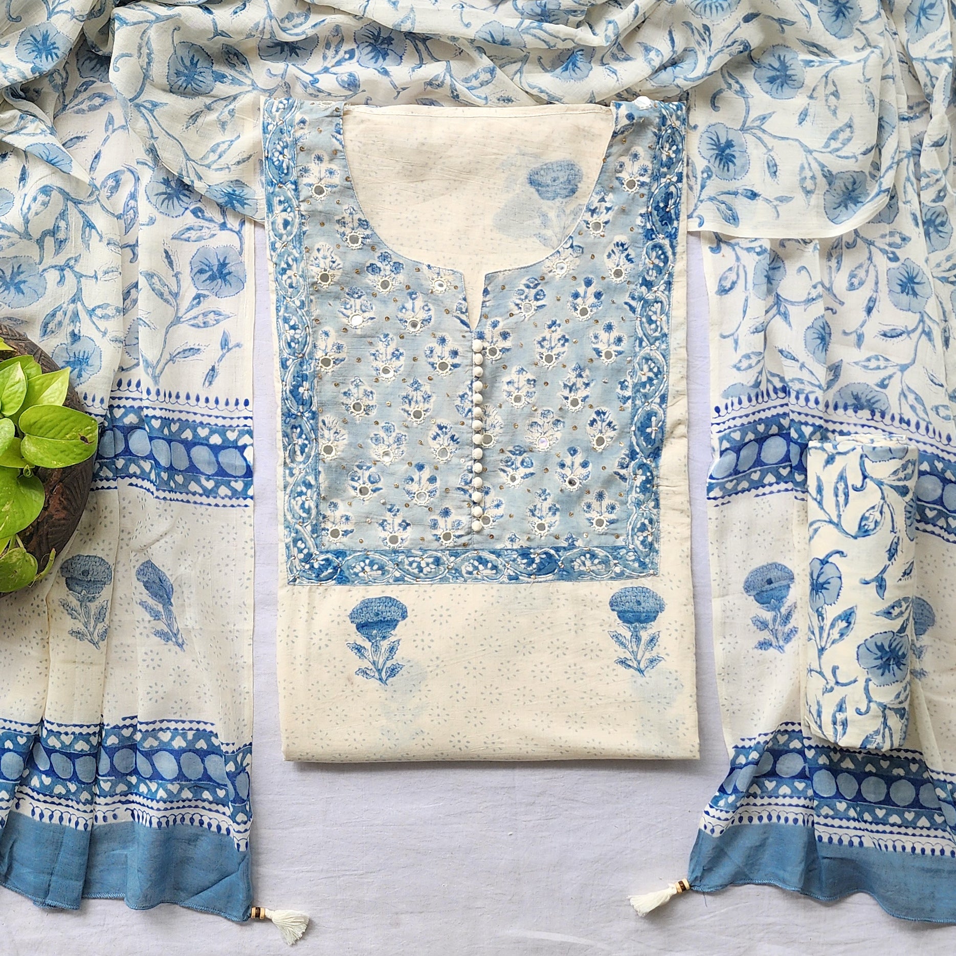 PARU -Pure Cotton Off White With Blue Sequence With Mirror Work Yoke s ...
