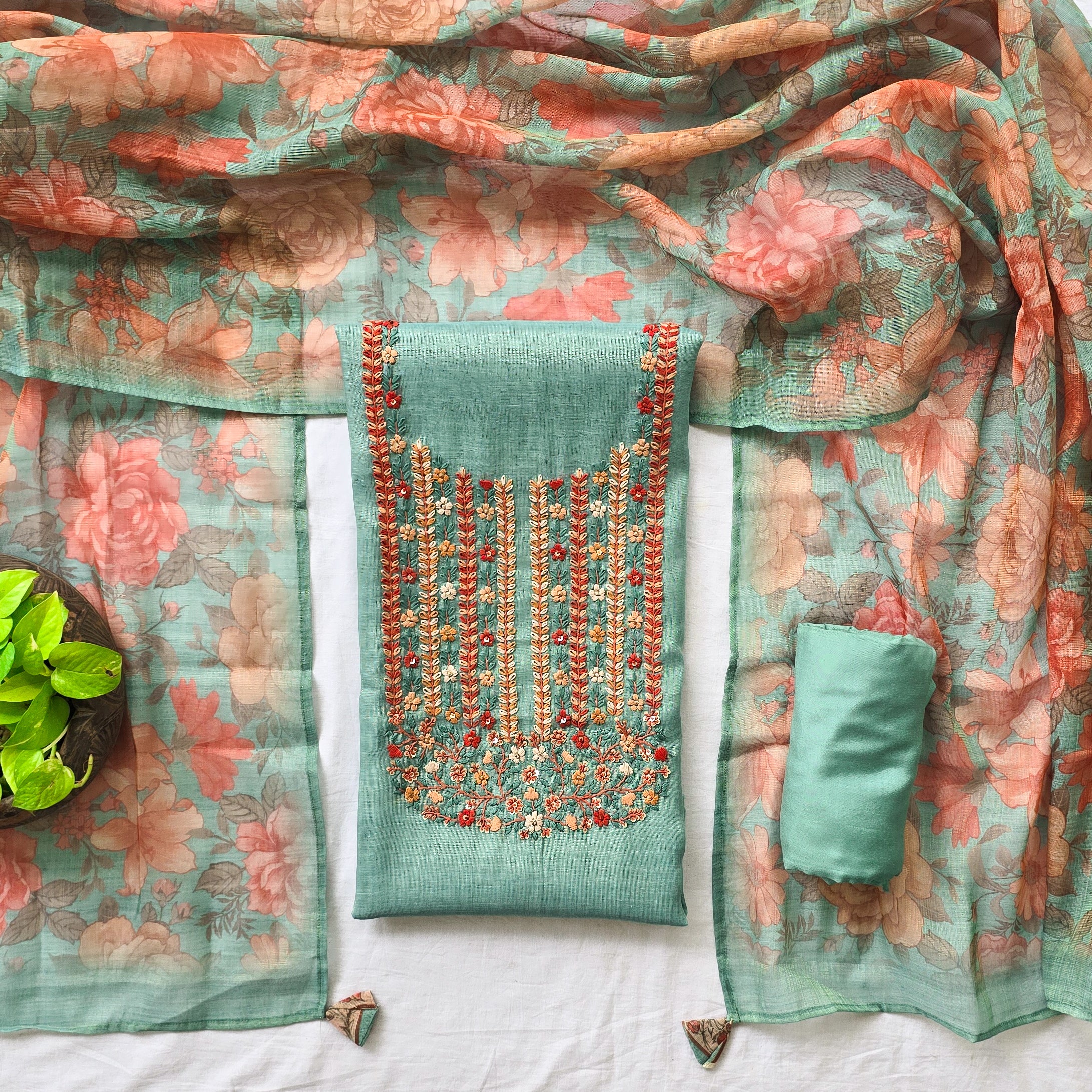 RIDHI- Jute Sea Green With embroidered Yoke Suit – Sanskruti