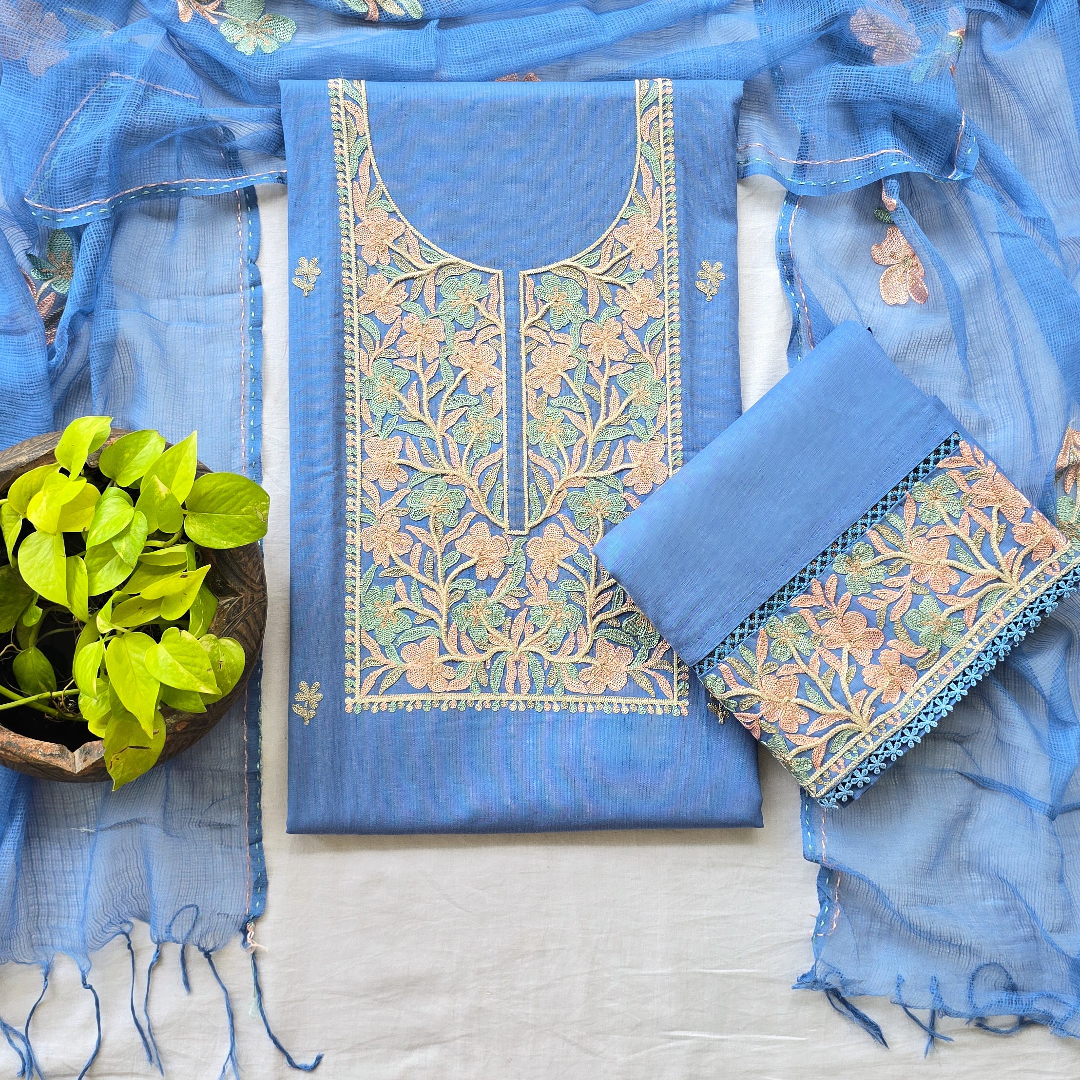 RIDHI-Cotton Powder Blue With embroidered Yoke Suit – Sanskruti