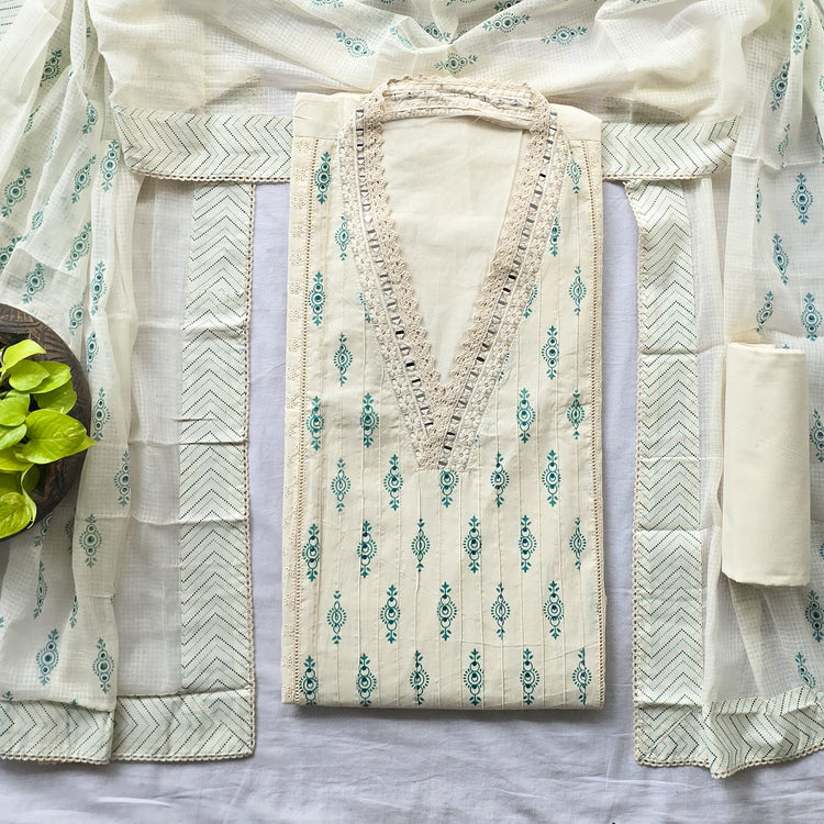 RIDHI-Pure Cotton Off White With Mirror Work V Neck Yoke Suit – Sanskruti