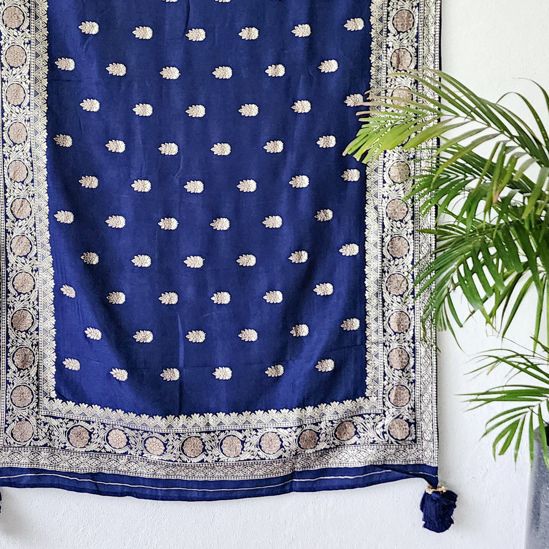 BANARASI BROCADE- navy blue Banarasi Brocade Flower Motif And Border D ...