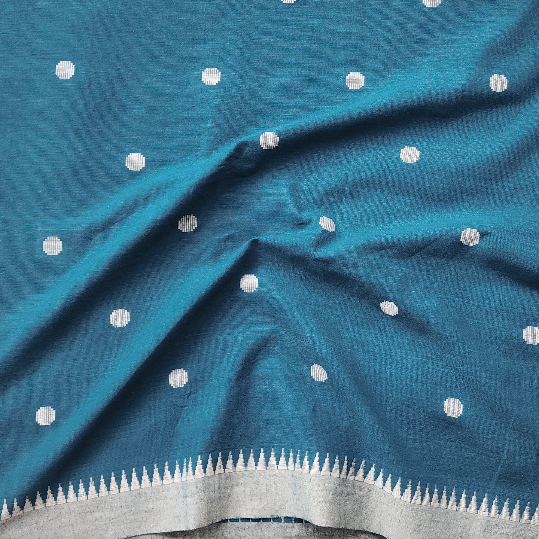 Pure Cotton Handloom teal blue With White Butti And Border Design Wove ...