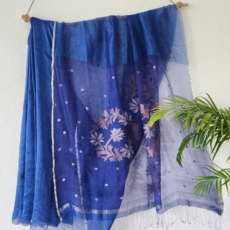JAMDANI-Silk navy blue With Copper Butti Design Saree – Sanskruti