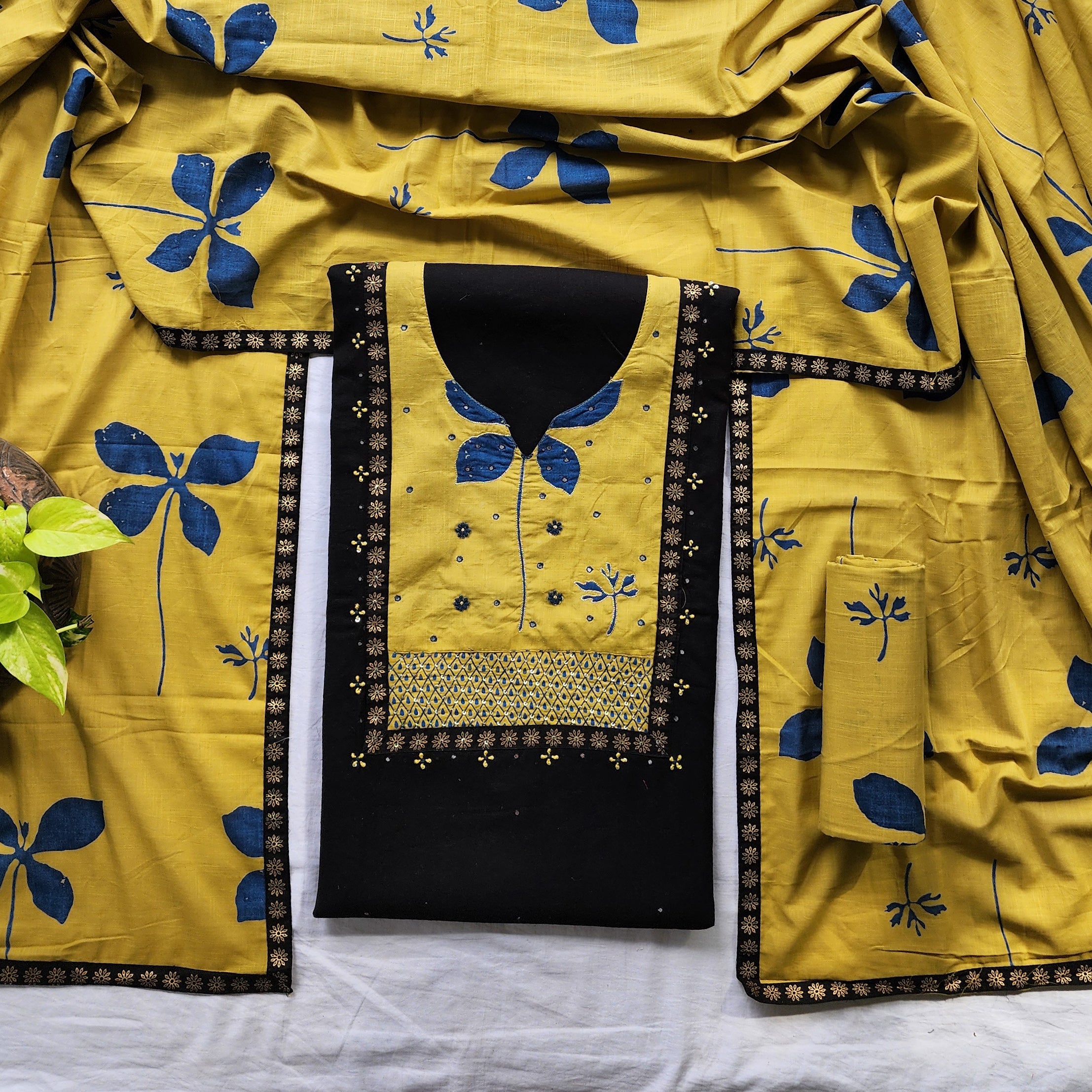 RAGINI -Pure Cotton Black With Mustard Patchwork Yoke Suit – Sanskruti