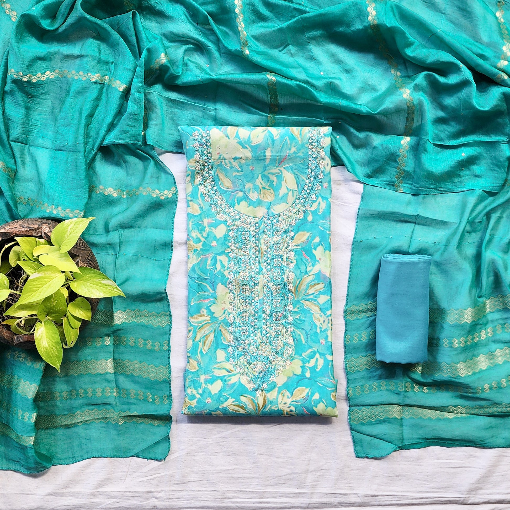 synthetic satin cyan With Floral Design Suit – Sanskruti