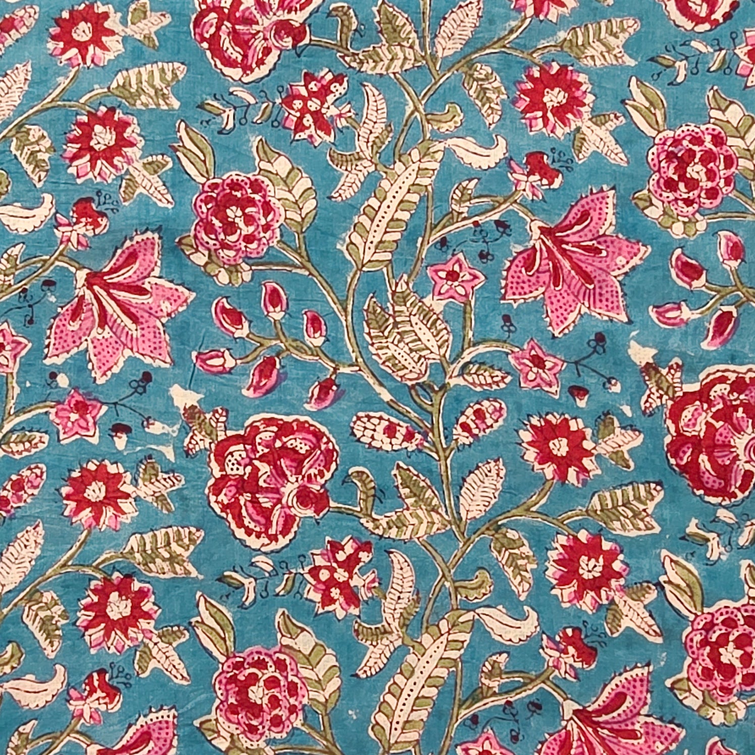 (PRE-CUT 1 METER) Pure Cotton Mul Jaipuri Blue With Pink Flower Jaal H – Sanskruti