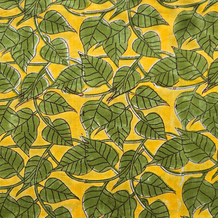 Pure Cotton Jaipuri Yellow With Green Leaves Overlapping Hand Block Pr ...